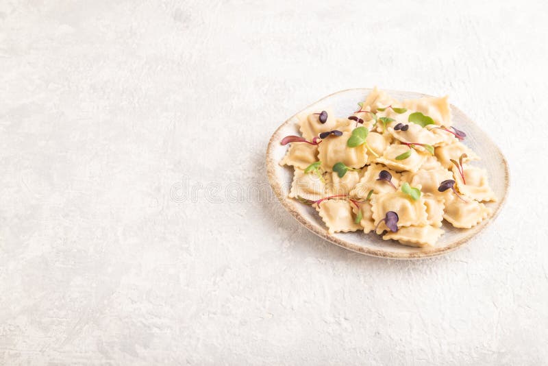 Dumplings with Pepper, Herbs, Microgreen on Gray Concrete. Side View ...
