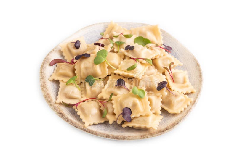 Dumplings with Pepper, Herbs, Microgreen Isolated on White. Side View ...