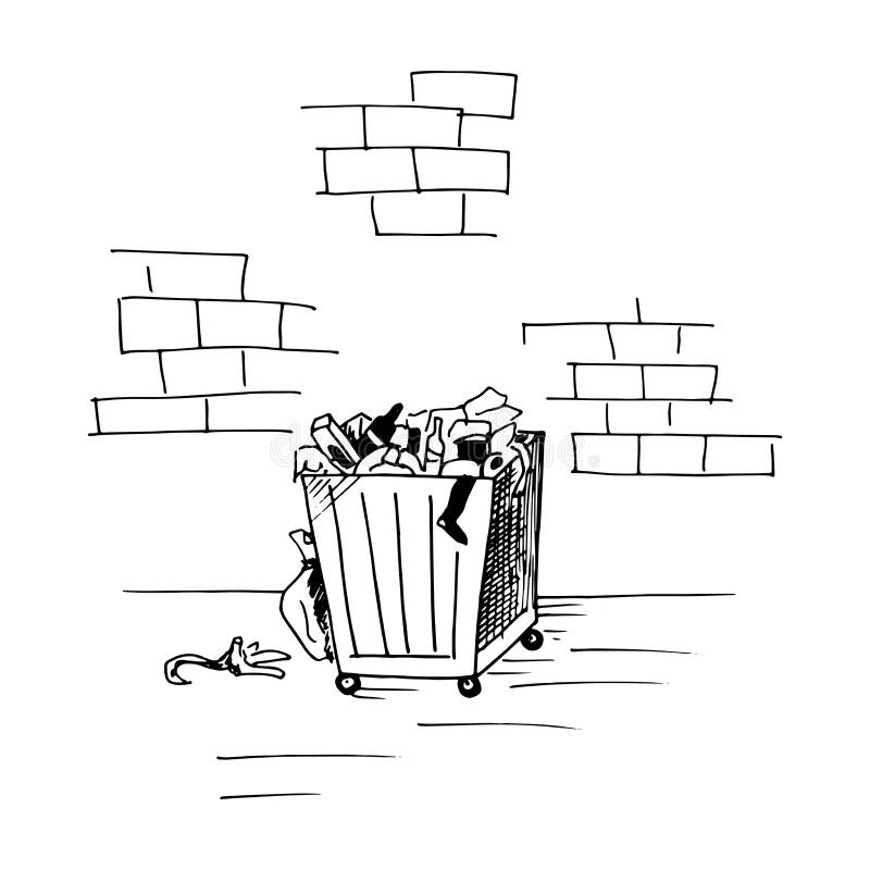Dumpster Standing at the Wall. Hand-drawn Trash Can with Garbage in ...