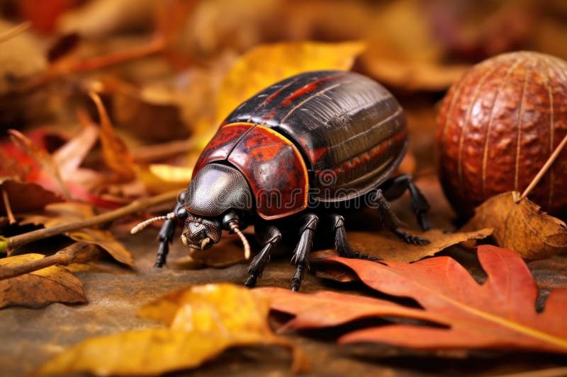 Dung Beetle Rolling Ball beside Fallen Autumn Leaves Stock Image ...