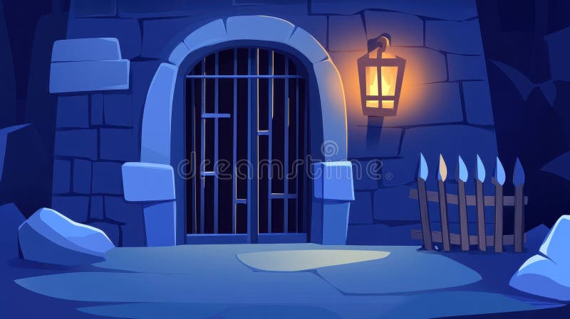 Dungeon Gate Lit by a Lantern Cartoon Prison Entrance with Iron Bars ...