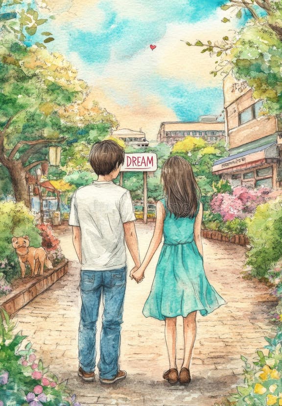 A Duo Holding Hands, Framed by Mountains and a Diner Stock Image ...