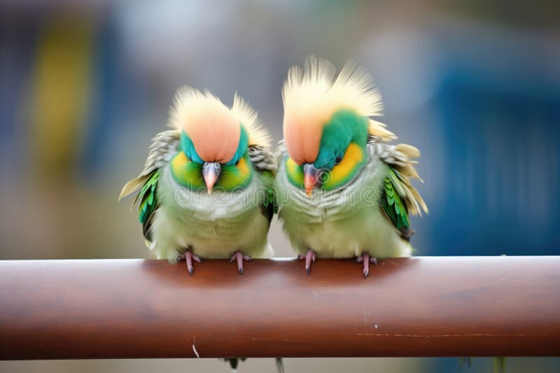 A Duo of Parakeets Preening Each Other on a Park Bench Stock Photo ...
