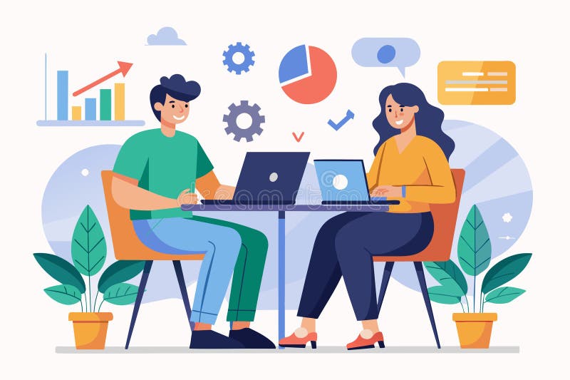 A Duo Seated at a Table, Engrossed in Work on a Laptop and Graphs, Two ...