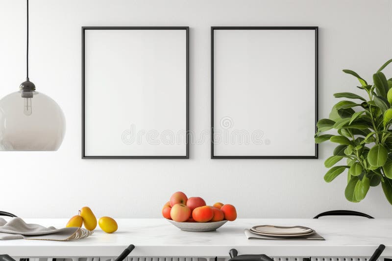 Duo of Slim Frames Above a Dining Table with a Bowl of Fruit Stock ...