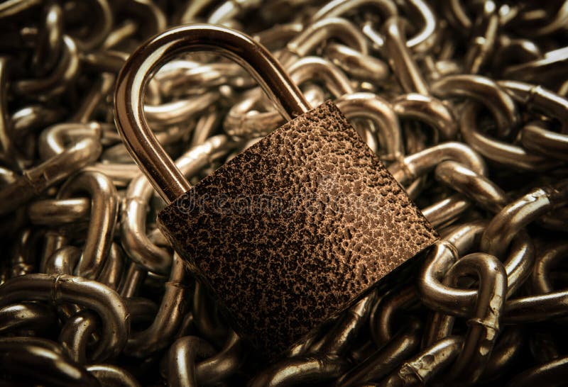 Durable Padlock on a Pile of Steel Chain Security Service Stock Image ...
