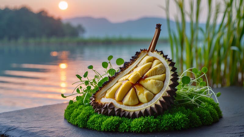 Golden Durian Sunset: Tropical Fruit Delight by the Lake Stock ...