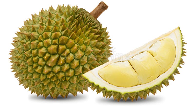 Durian Fruit Whole and a Slice Isolated on White Stock Illustration ...