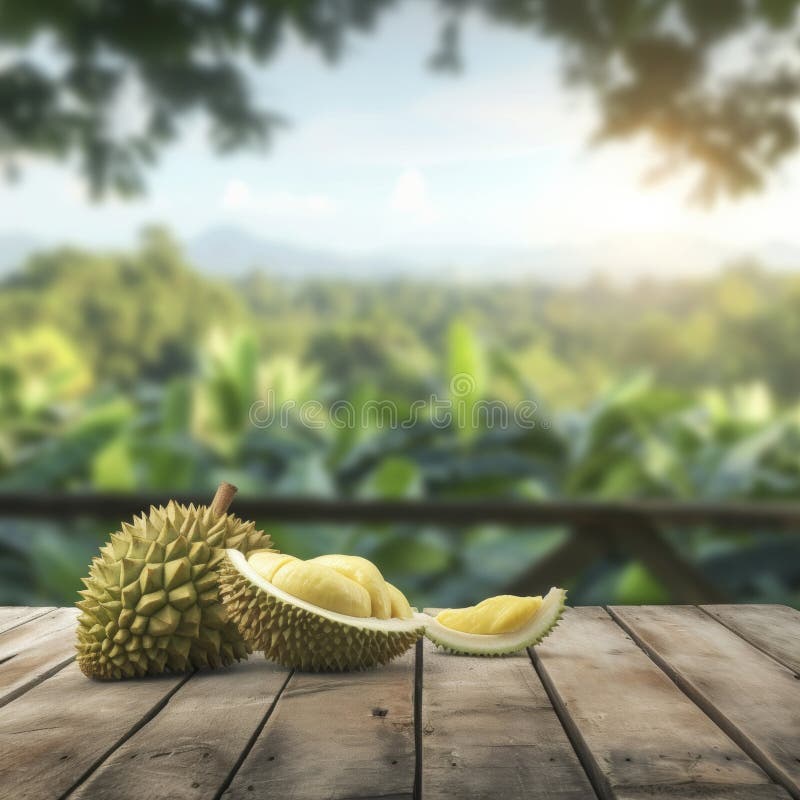 Durian Fruit on Wooden Table with Blur Durian Plantation Background ...