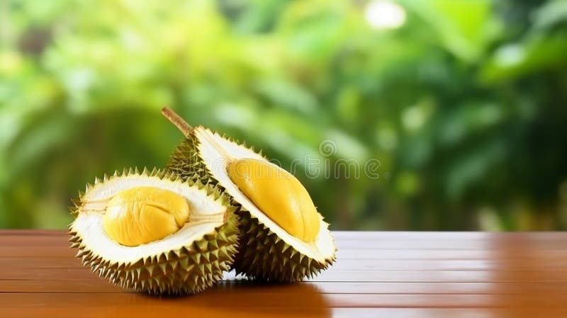 Durian Fruit on Wooden Table with Blur Durian Plantation Background ...