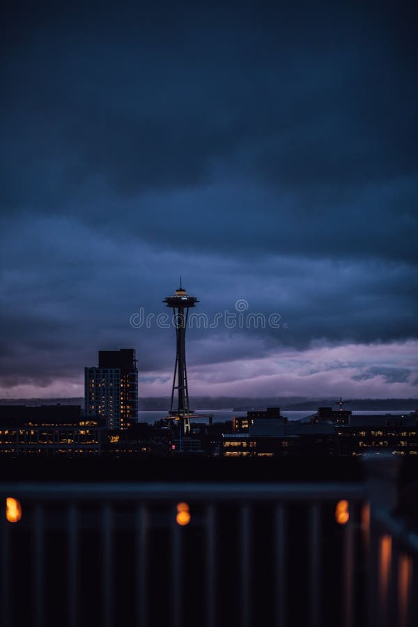Dusk Blue View of Seattle Skyline from Rooftop Deck Stock Photo - Image ...