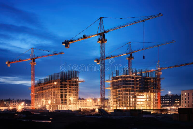 Dusk Descends on an Unfinished Construction Site, Towering Cranes ...