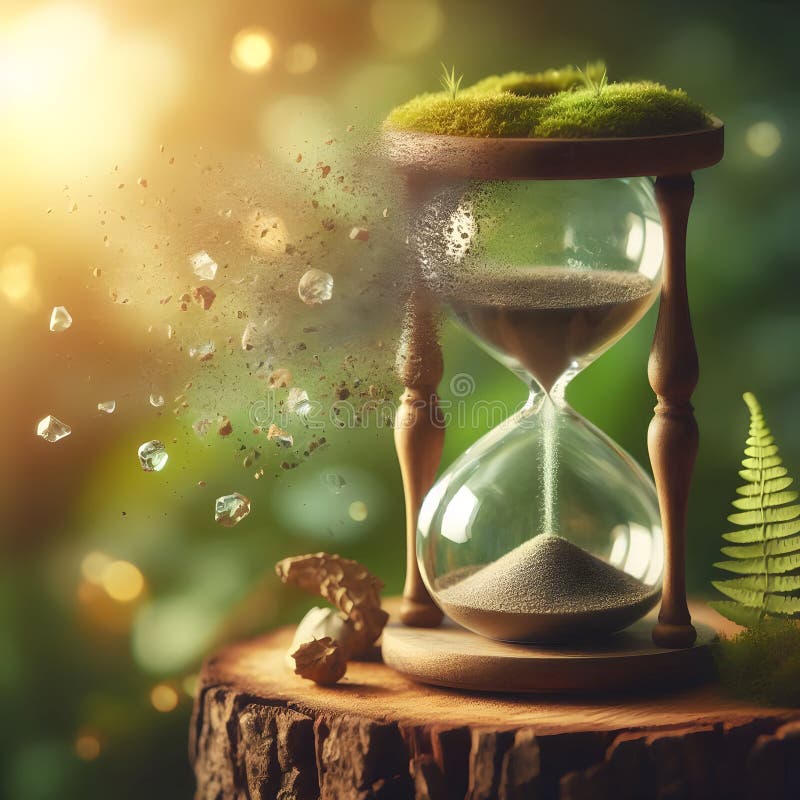 Dusk of Dimensions - an Hourglass on the Tree Stump with Sunlight and ...