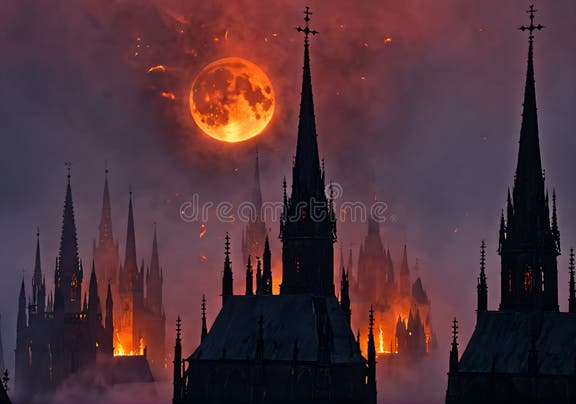 Dusk Eclipse Over Gothic Spires Glowing Embers Floating Twilight Stock ...