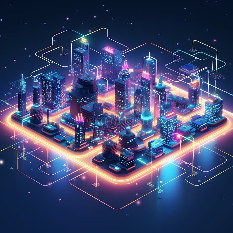 Dusk Falls Over a Bustling Smart City, Aglow with Interactive Tech and ...