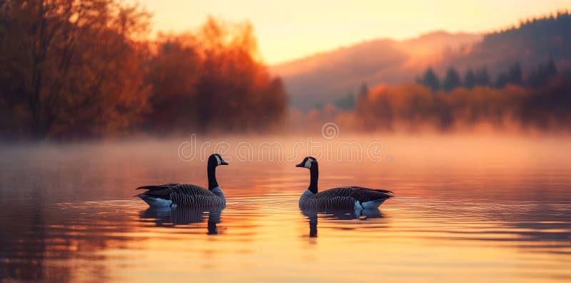 At Dusk, Low Light Captures the Serene Charm of Canada Geese Resting on ...