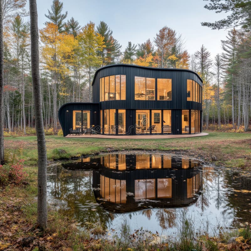 At Dusk, a Luxurious Home with Modern Curved Glass Windows Creates a ...