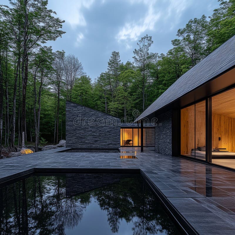 At Dusk, a Modern Curved Stone Home is Beautifully Complemented by a ...