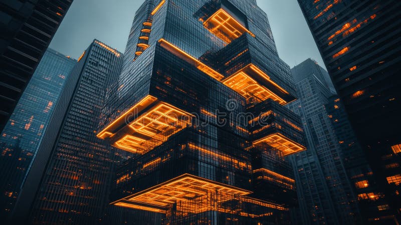 At Dusk, the Modern Office Building S Facade Comes Alive with Vibrant ...