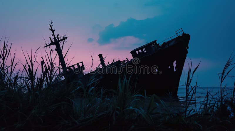 Dusk S Shadow: Silhouette of a Sunken Ship in Twilight Hours with ...