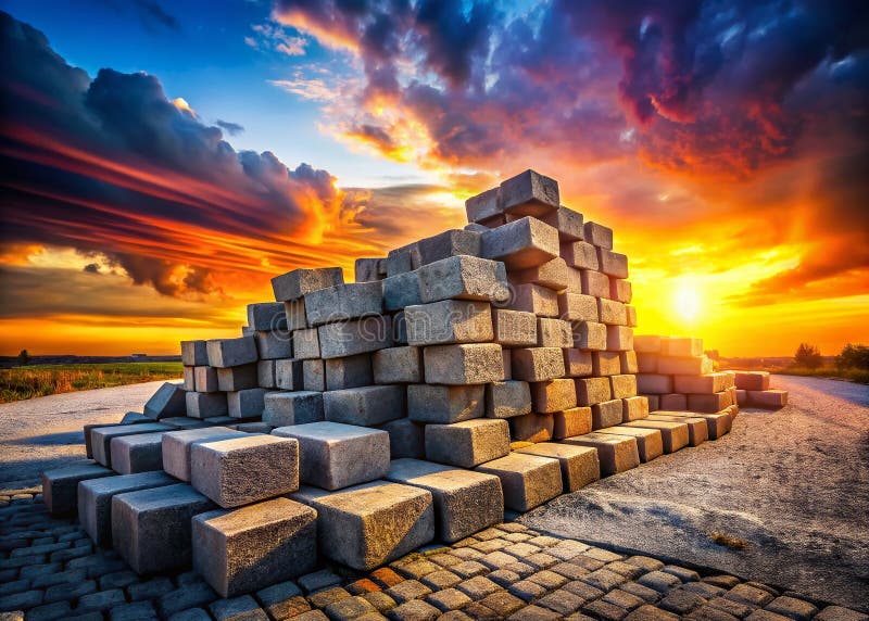 Dusk Shadows on a Cobblestone Construction Site a Silhouette of ...
