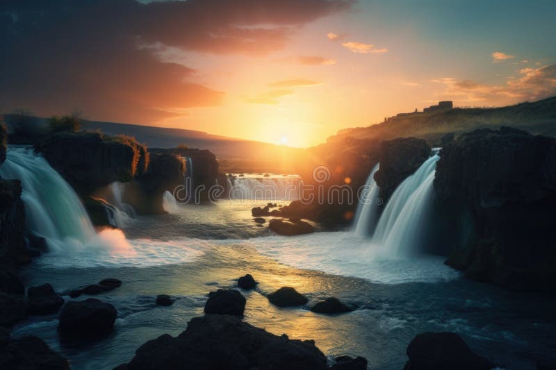 Dusk Sky with Waterfalls and Cascades Illuminated by the Setting Sun ...