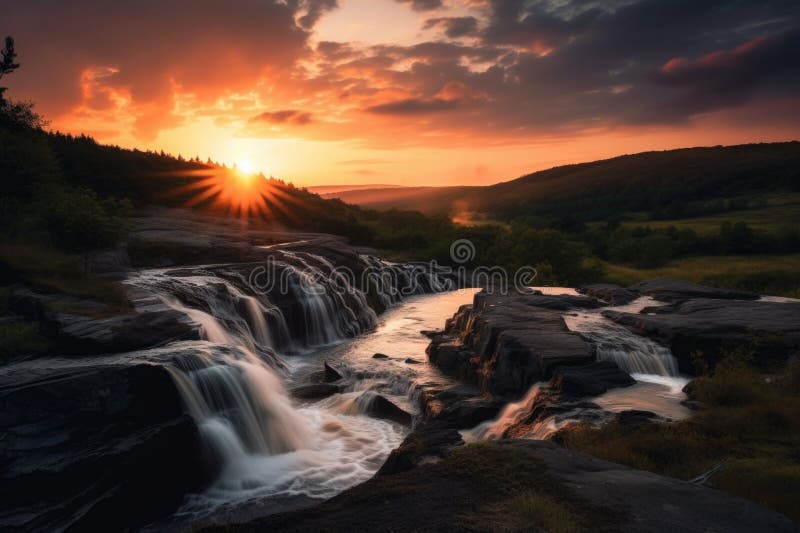 Dusk Sky with Waterfalls and Cascades Illuminated by the Setting Sun ...