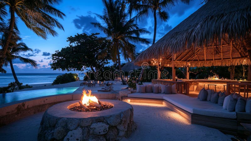 At Dusk, a Tropical Villa Reveals Its Infinity Pool and Fire Pit. Stock ...