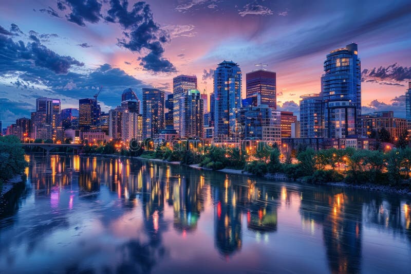 Dusk View of a City Skyline Bustling with Activity, Intersected by a ...