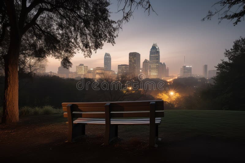 Dusk, with View of the City Skyline from Park Bench Stock Illustration ...