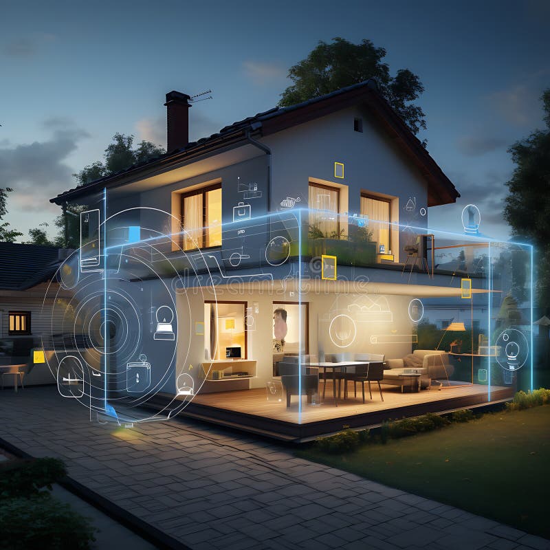 Dusk View of a Traditional Home Equipped with Interactive Smart House ...