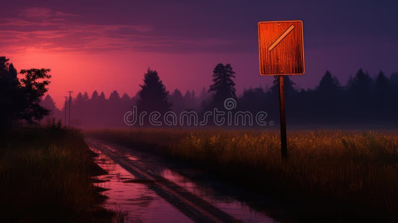 Dusk wet road sign stock illustration. Illustration of sunsky - 375563477