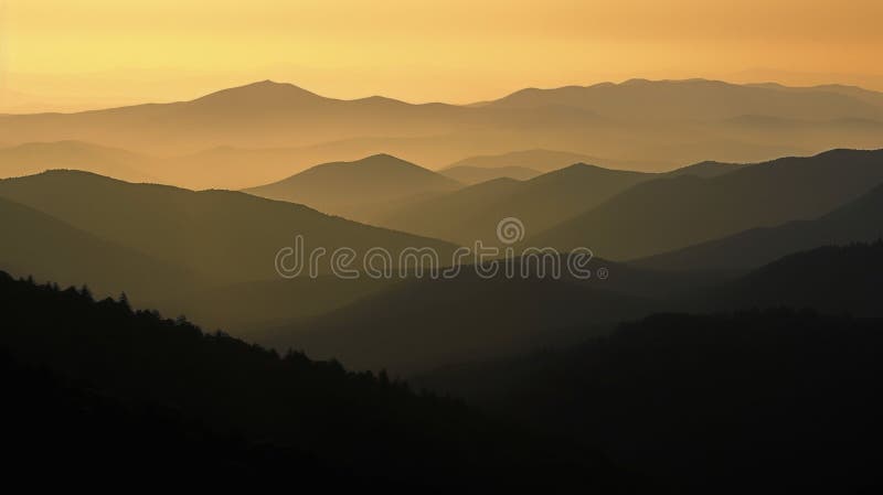 A Dusky Twilight Highlighting the Silhouettes of Distant Ridges Stock ...