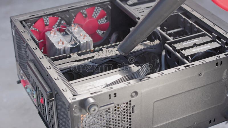 Dust Blowing of Black Atx Persolnal Computer Case, Closeup with Slow ...