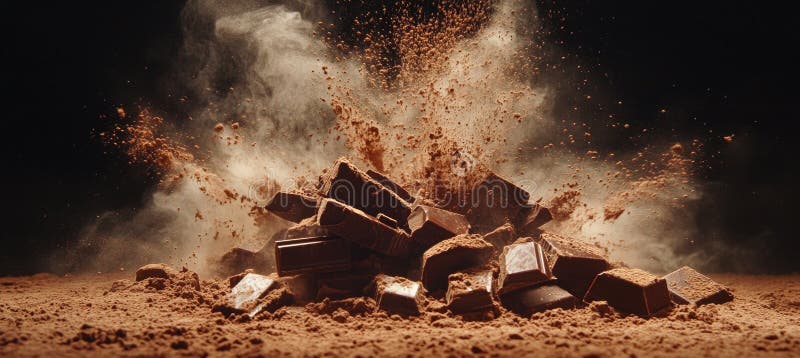 Dust Cloud of Chocolate with Chocolate Chunks. Dark Chocolate Bars ...