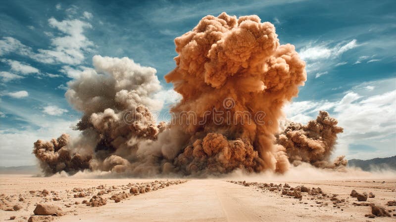 Dust Cloud Explosion in Desert Landscape with Dramatic Sky and Rocky ...
