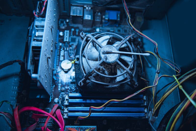 Dust on Computer Pc Processor Cooler with Mainboard and Computer Case ...