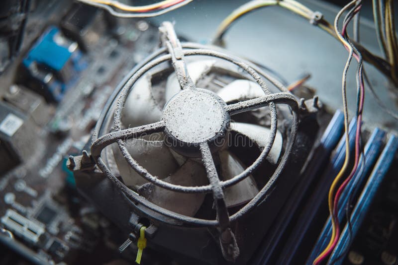 Dust on Pc Processor Cooler. Computer Cleaning.Old Computer System Unit ...
