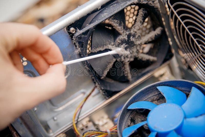 Dust on Computer Pc Processor Cooler with Mainboard. Concept Master ...