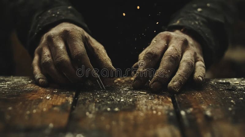 Dust Covered Hands Working Wood Stock Illustration - Illustration of ...