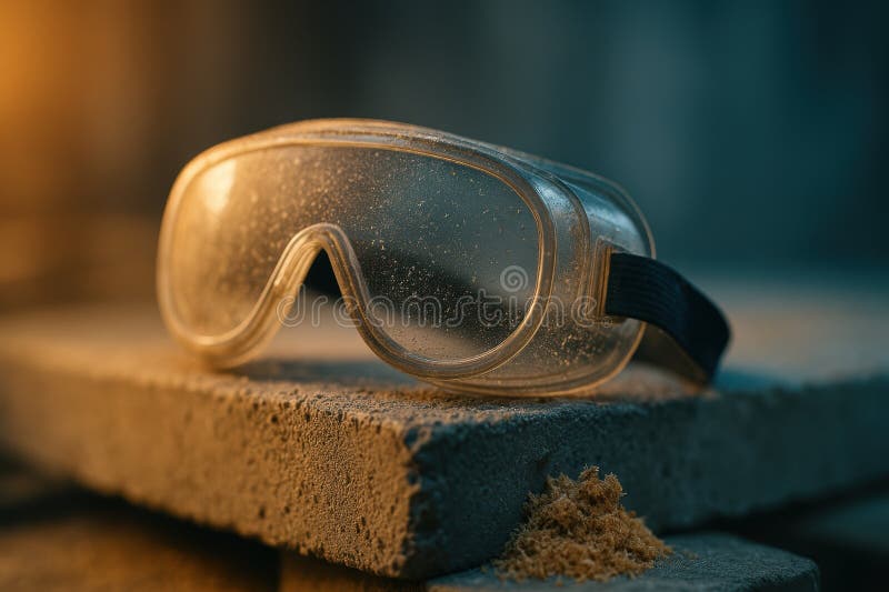 Dust-covered Safety Goggles on Concrete. Eye Protection, Workplace ...