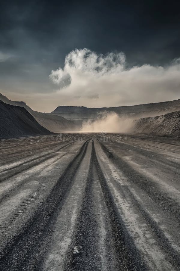 Dust Covering Tracks in Open Pit Mine Under Dark Sky Stock Illustration ...