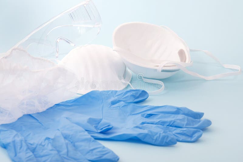 Dust Mask, Blue Gloves and Head Cover Stock Image - Image of influenza ...