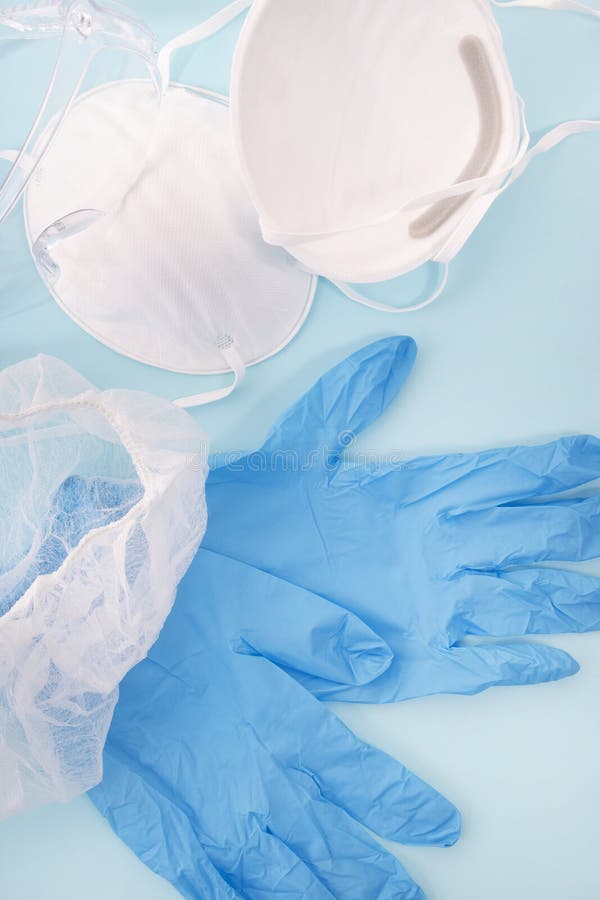 Dust Mask, Blue Gloves and Head Cover Stock Image - Image of blue, care ...