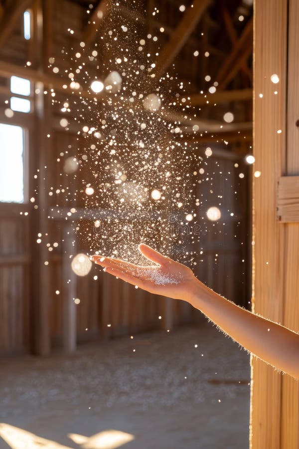 Dust Particles, Cleaning, Old Barn a Sunlit Hand Scatters Dust in an ...
