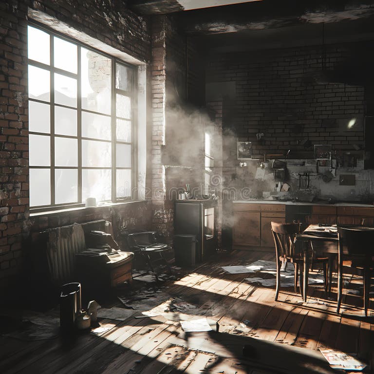 Abandoned Kitchen with Sunlight Streaming through Dusty Windows and ...