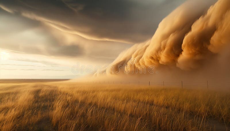 Dust Storm Advancing Over Grassy Plain at Sunset Stock Photo - Image of ...