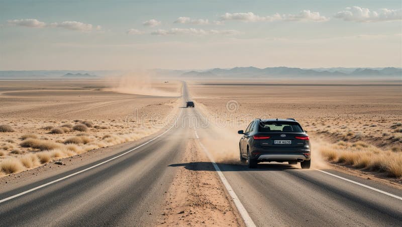 Dust Trails Follow Distant Car on Empty Road Cutting Across Arid Plains ...