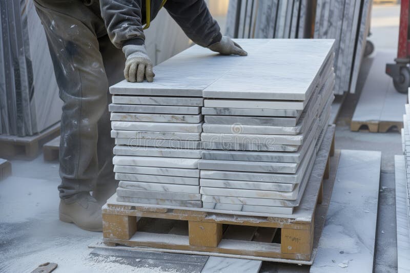 Dustcovered Worker Stacking Marble Tiles on Pallet Stock Image - Image ...