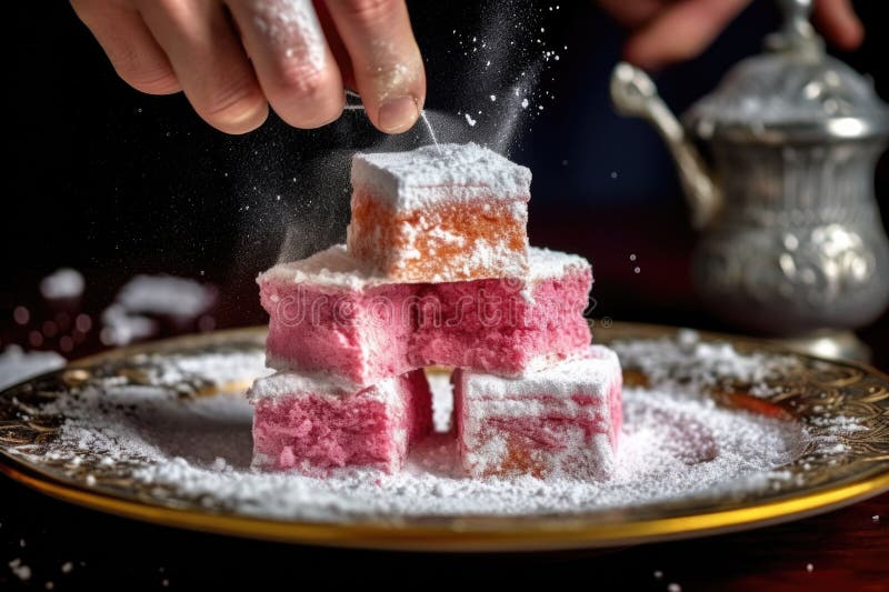 Dusting Cooled Turkish Delight with Powdered Sugar Stock Illustration ...